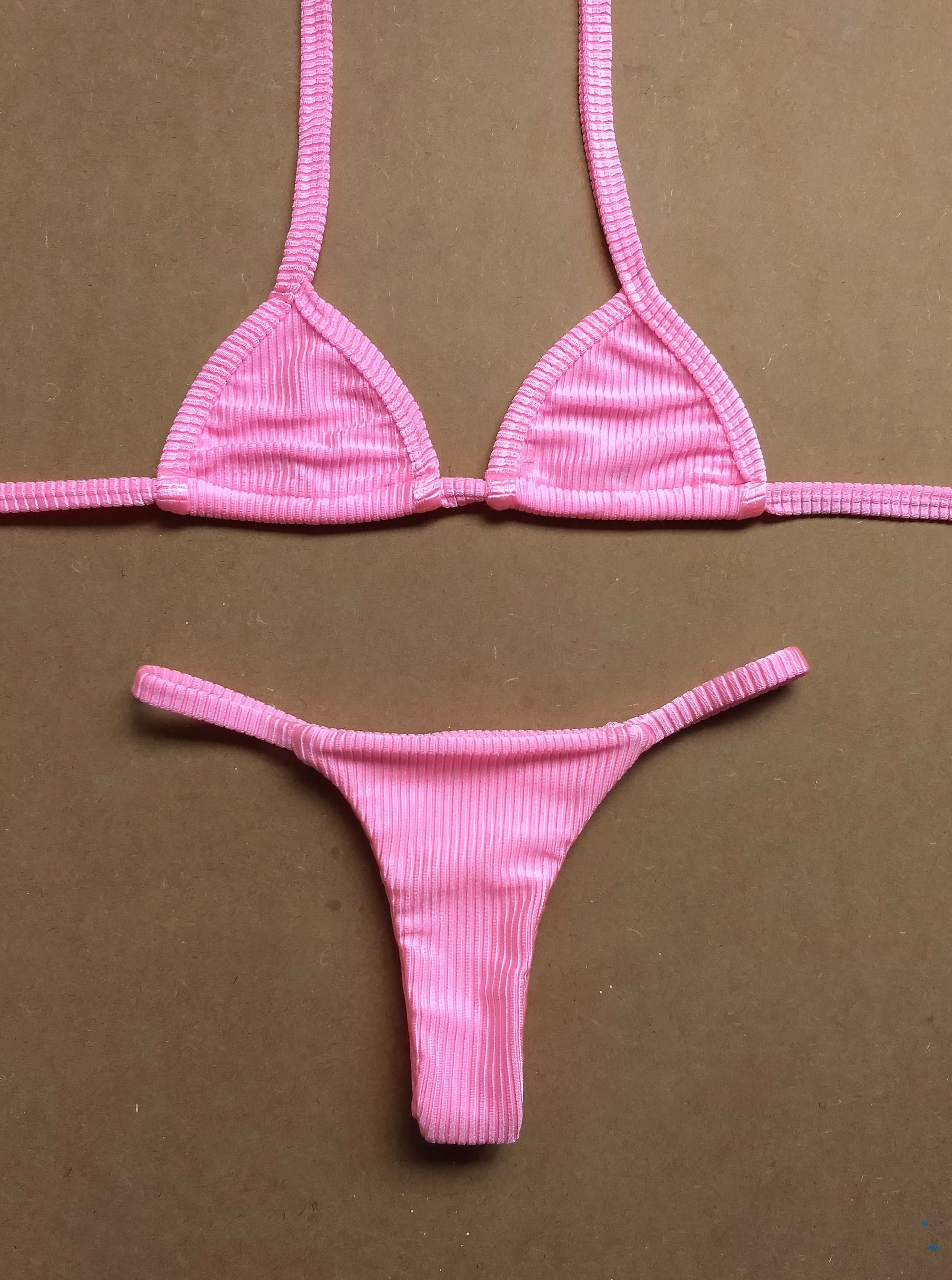 Biquini Fio Dental Fita Rosa Candy Canelado Carol Moda Praia
